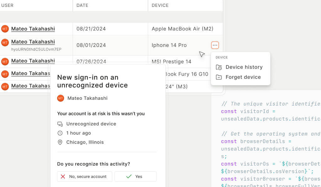 Enhancing account security through with recent devices insights